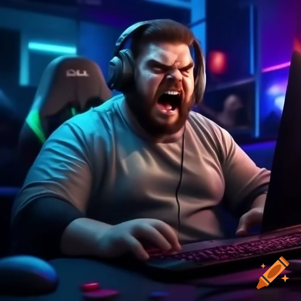 Angry man slamming his gaming desk after losing a game on Craiyon