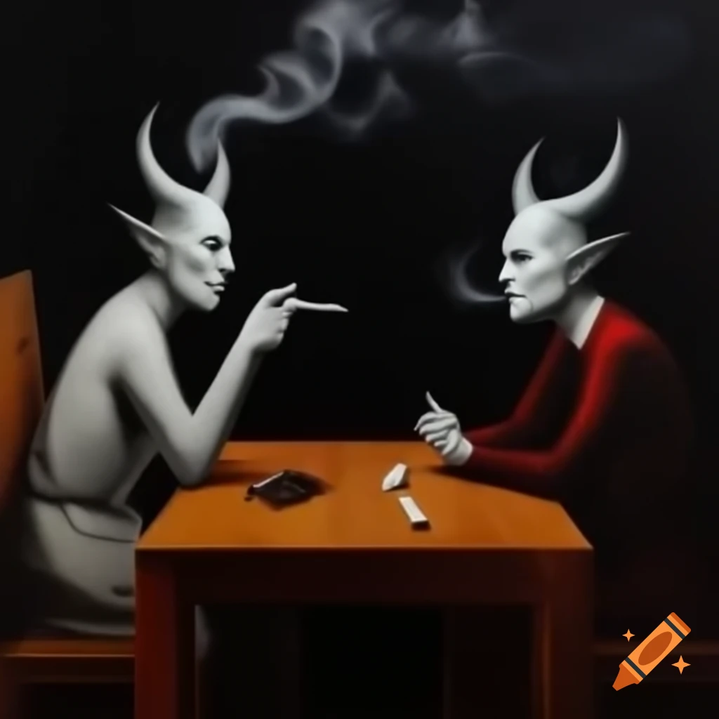 Angel and devil characters smoking cigarette on wooden table in black ...