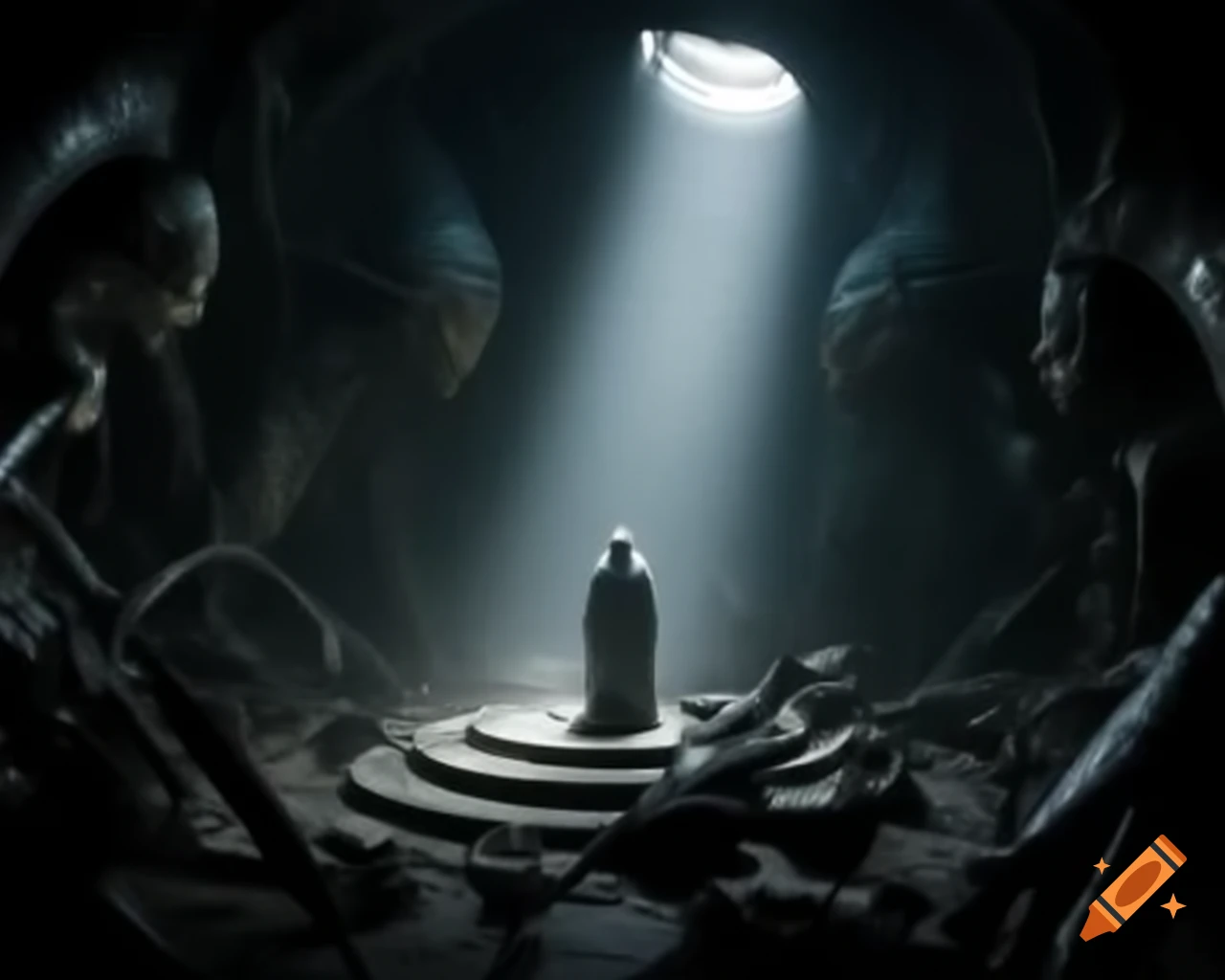 Silhouette of ritual casting shadows in grimy chamber with skeletal ...