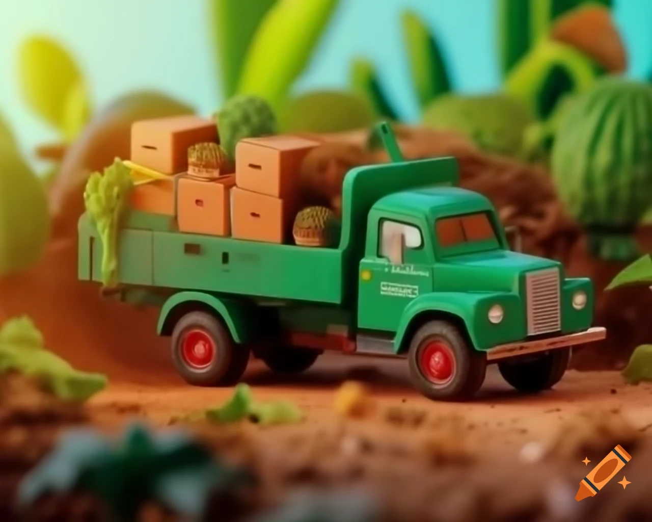 Miniature world with green pickup truck transporting vibrant plants on ...