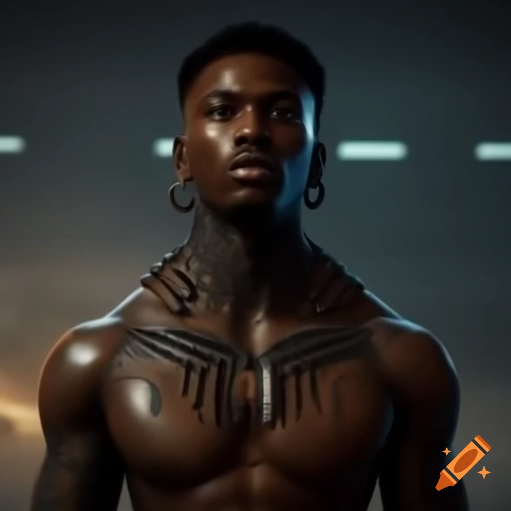 Photorealistic futuristic african male rebel with tattoos on Craiyon