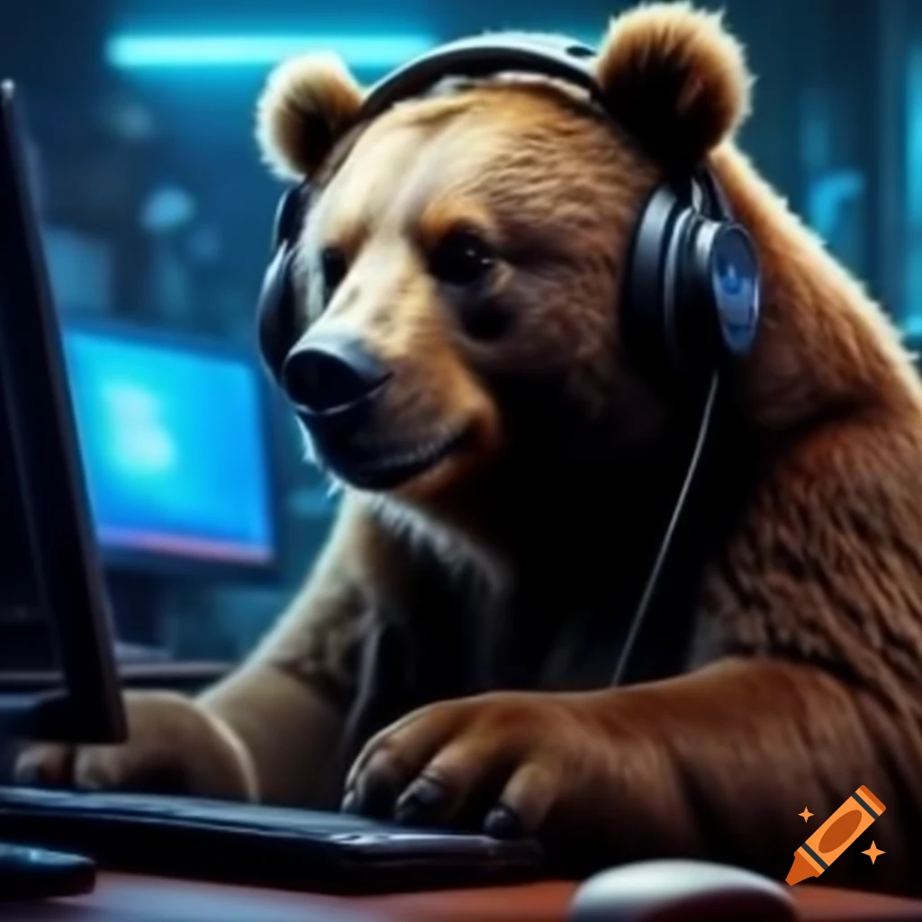 Bear wearing headset in front of computer on Craiyon
