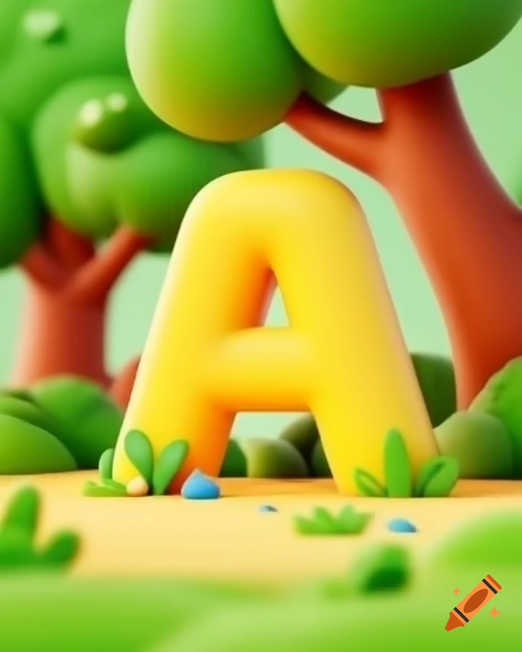 Big bright letter A in a park, kawaii 3D animation style on Craiyon