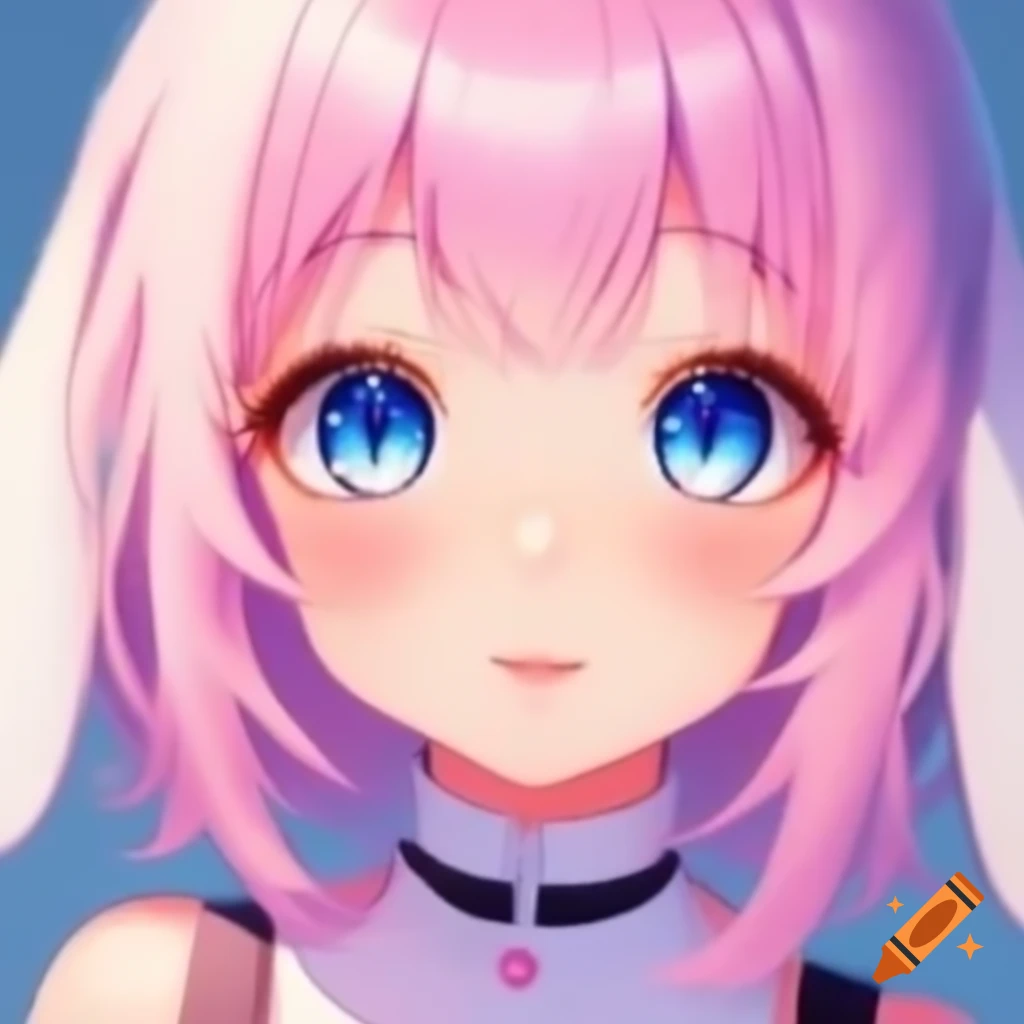 Anime girl with floppy bunny ears, blue eyes, and pink hair on Craiyon