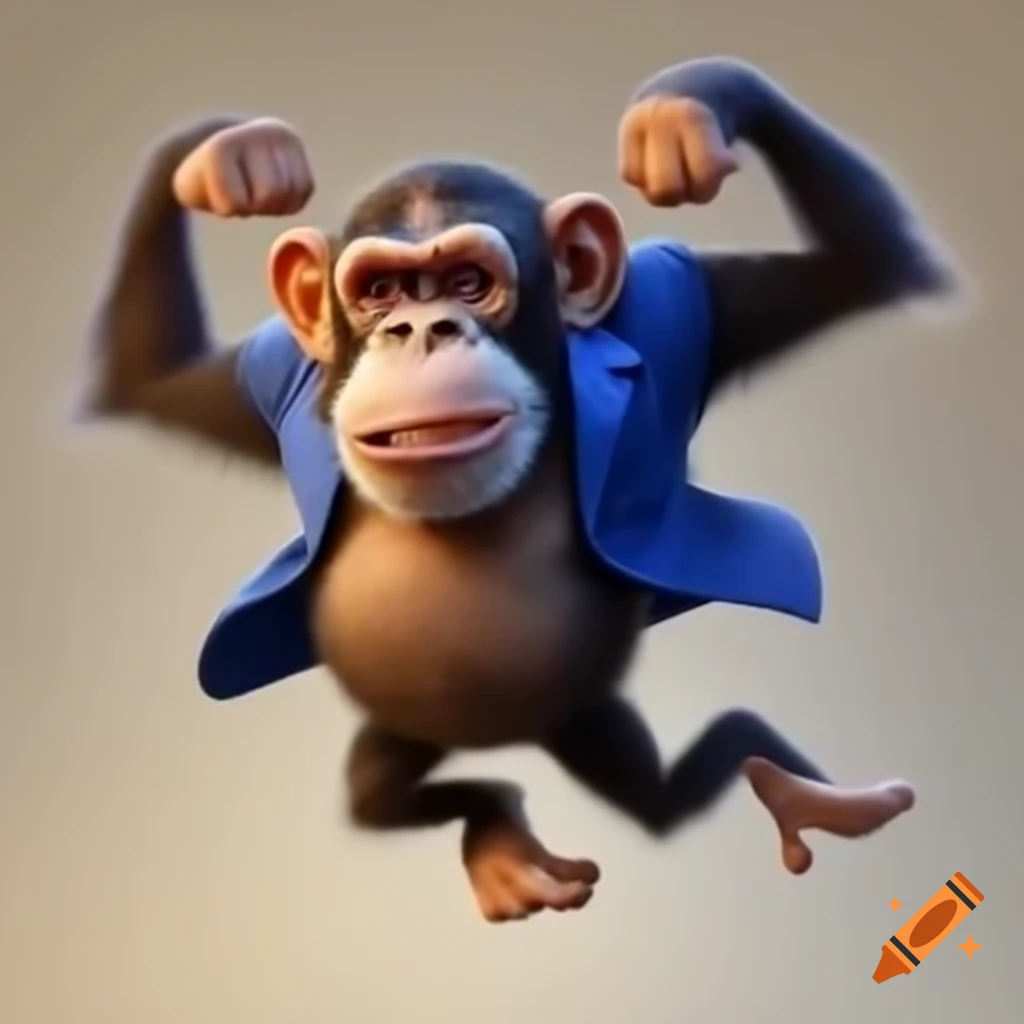 Animated chimpanzee in blue suit jumping with excitement of victory on ...
