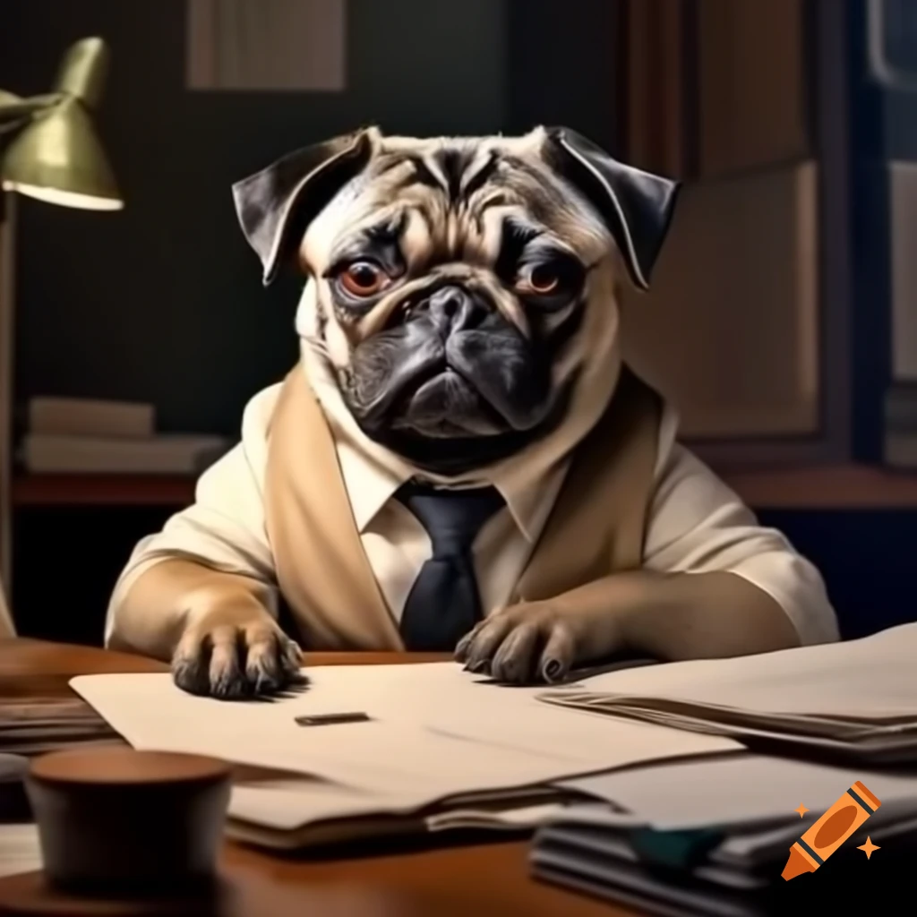 Pug dressed as architect working at desk with papers on Craiyon