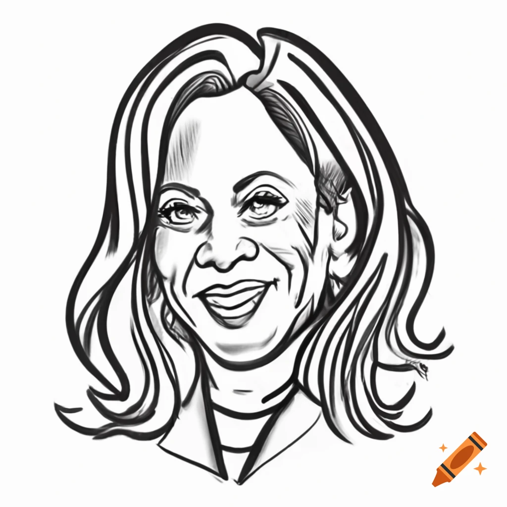 Cartoonish drawing of Kamala Harris in a humorous style on Craiyon
