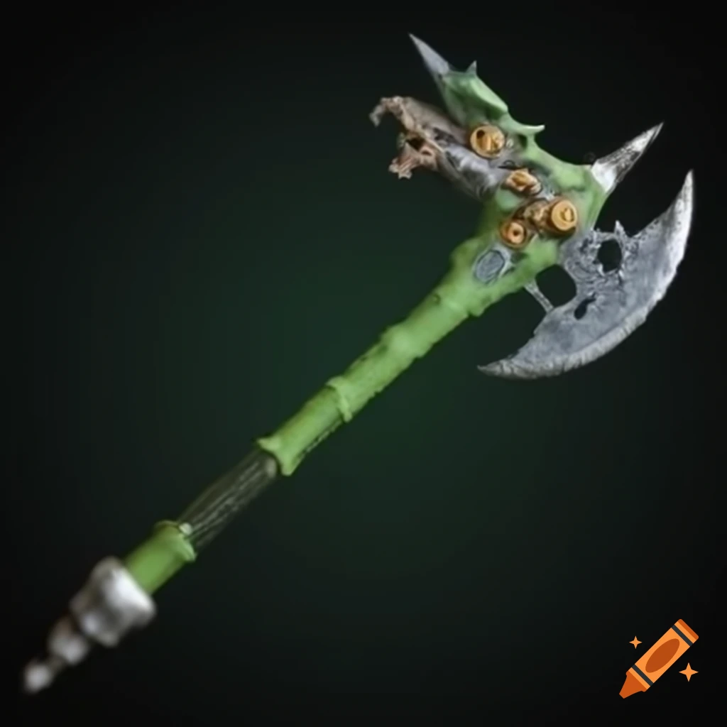 Double-headed halberd featuring dragon and wolf emblems with green ...