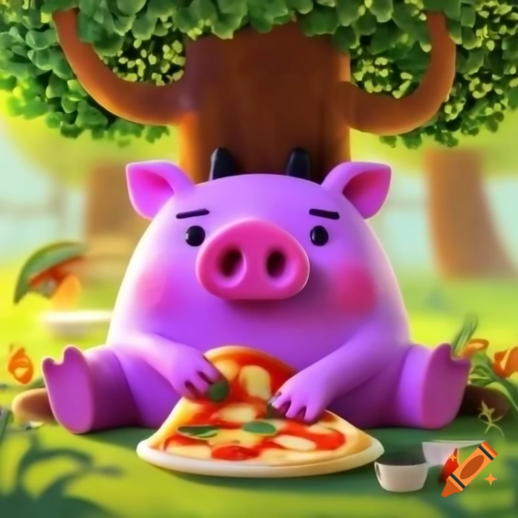 Purple pig sitting under tree eating pizza on Craiyon