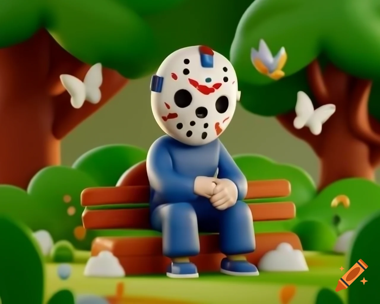 Kawaii 3D render of Jason Voorhees in park with birds and butterflies ...