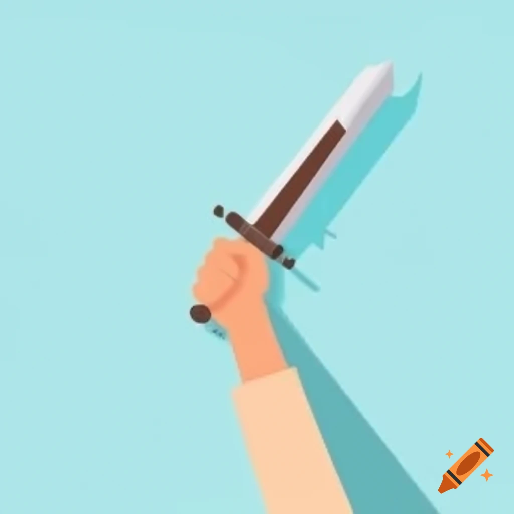 First person view of hand holding short sword in flat vector art style ...