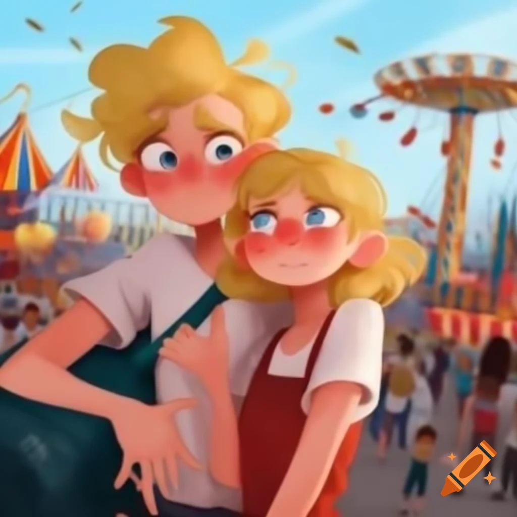 Blonde couple gazing at each other in vibrant amusement park on Craiyon