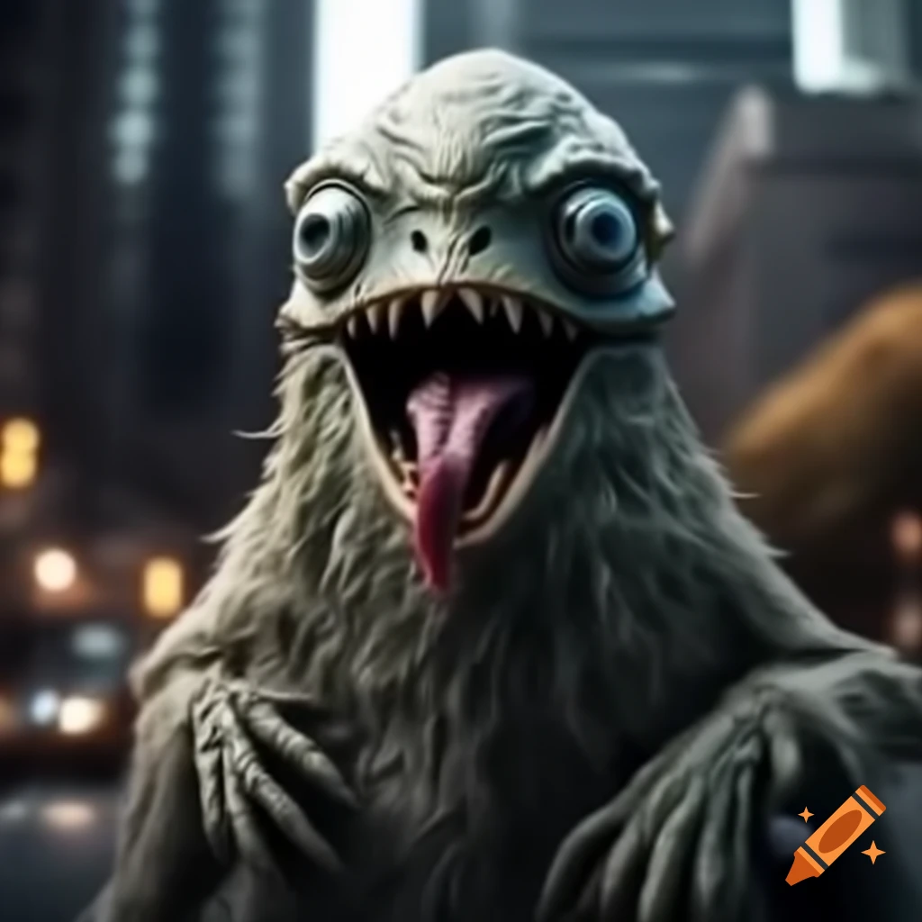 Alien monster with chicken beak invading a city on Craiyon