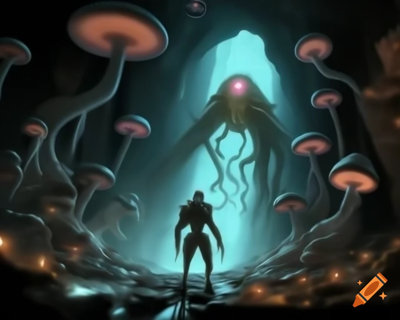 Cyborg meets luminous creature in cave with glowing mushrooms on Craiyon