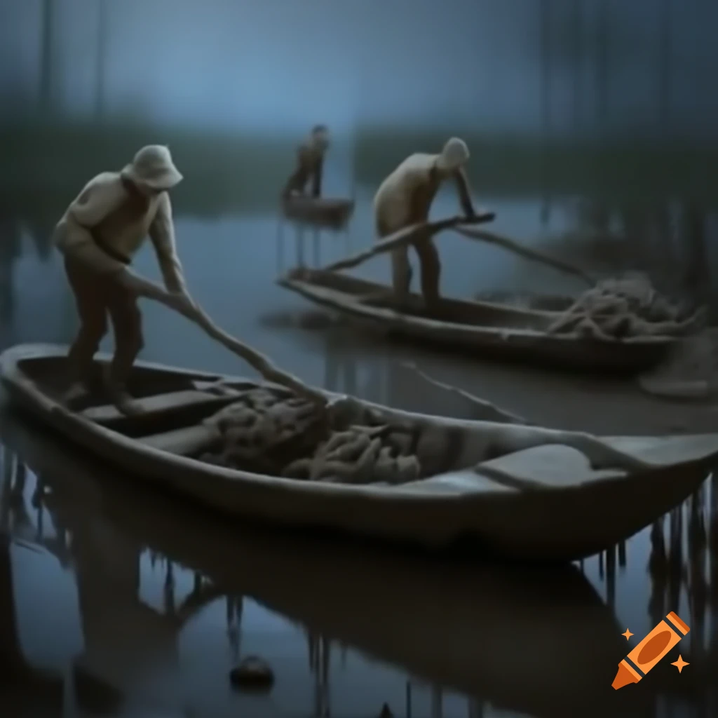 People with chains working on boats in muddy swamp at night with mist ...