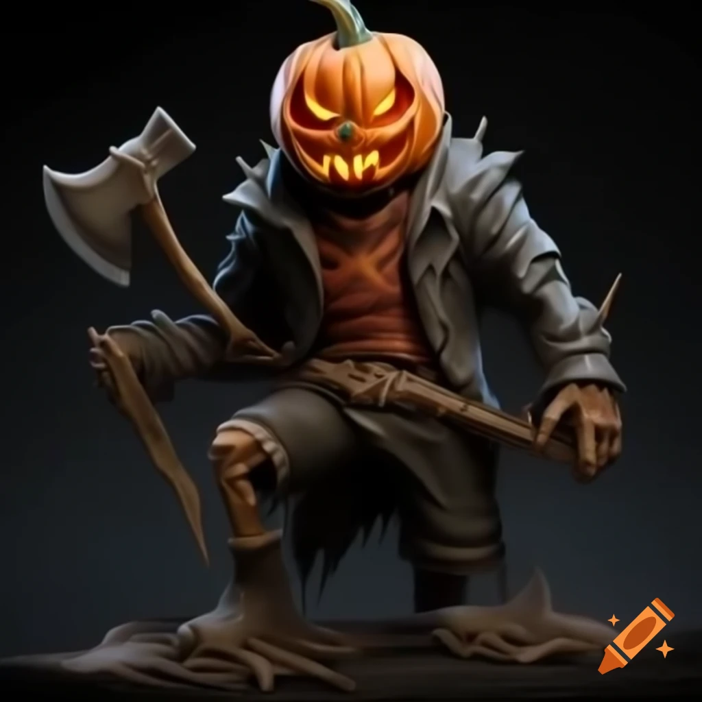 Sinister pumpkin character with skeleton body and roots, wearing torn ...
