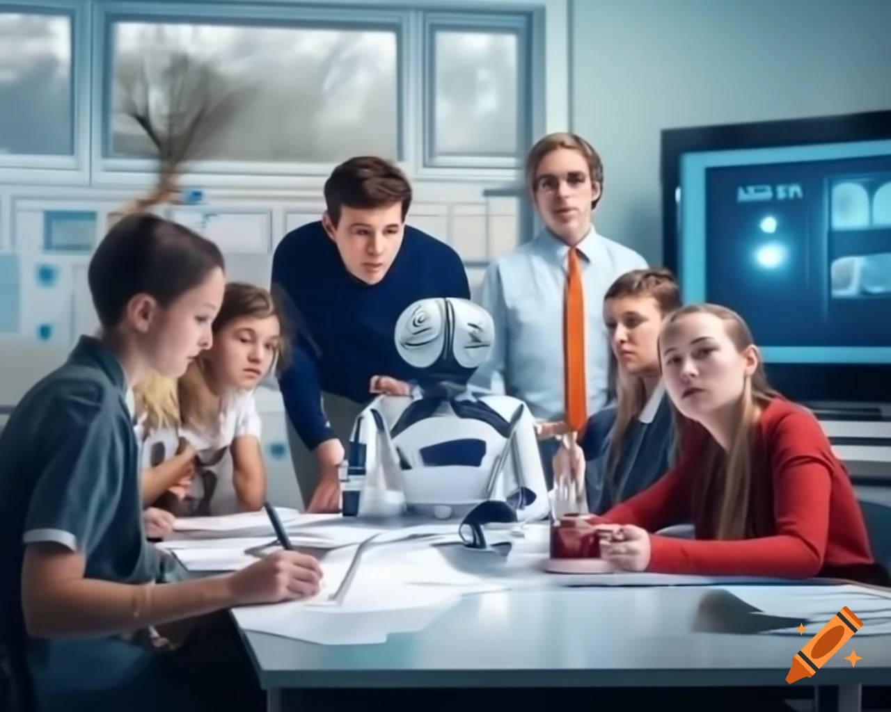 European people learning about AI in a classroom with digital tools on ...