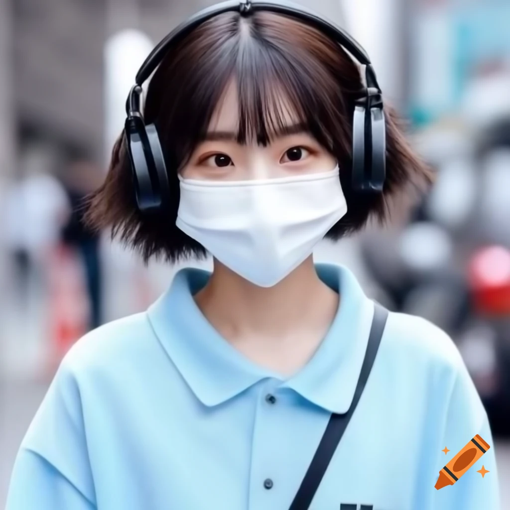 Cute Korean tomboy girl in oversized blue polo shirt and face mask with ...