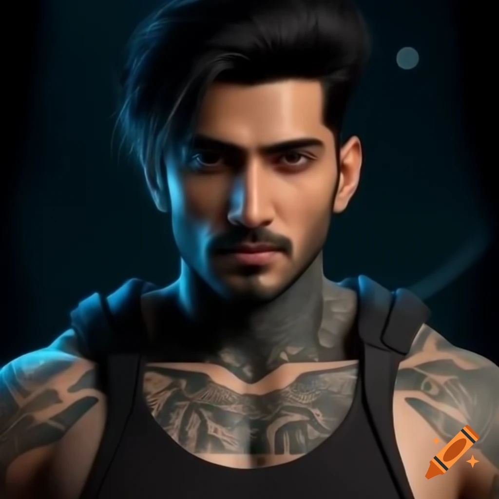 Photorealistic depiction of futuristic indian male rebel with tattoos ...