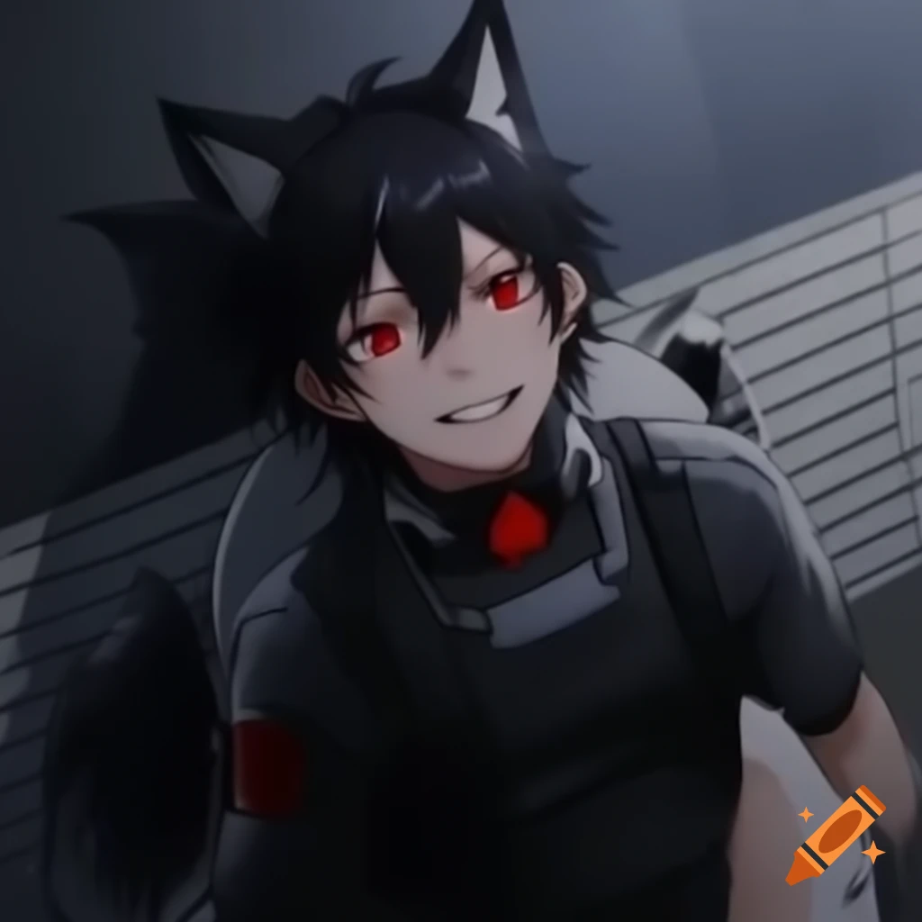 Anime boy with wolf ears and tail in black combat gear, smiling against ...