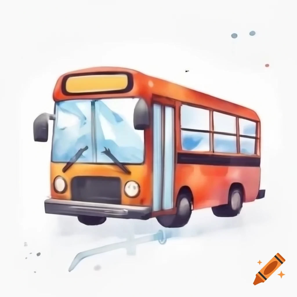 Cartoony bus illustration on white background, watercolor style on Craiyon