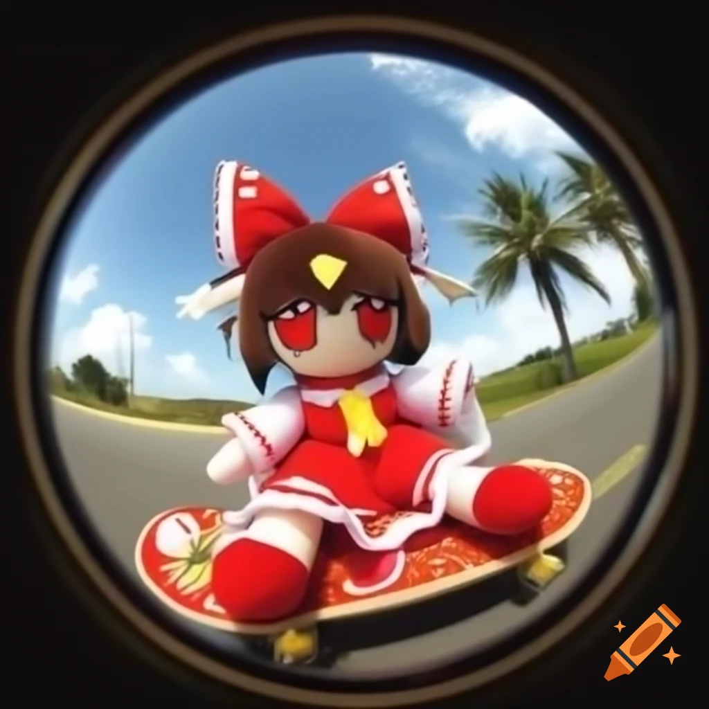 Fisheye lens photo of Reimu fumo plushie on skateboard on Craiyon