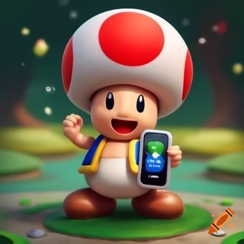 Toad character from mario holding a smartphone on Craiyon