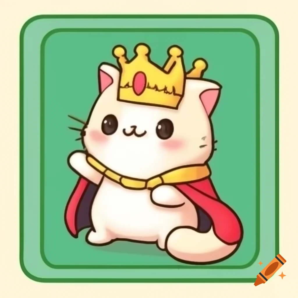 Chibi cat wearing a king's crown and cape holding green seaweed on Craiyon