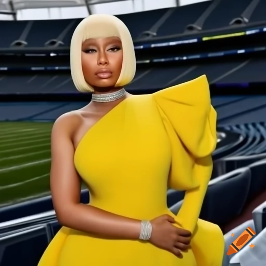 Diva in yellow dress and bob wig at gray stadium on Craiyon