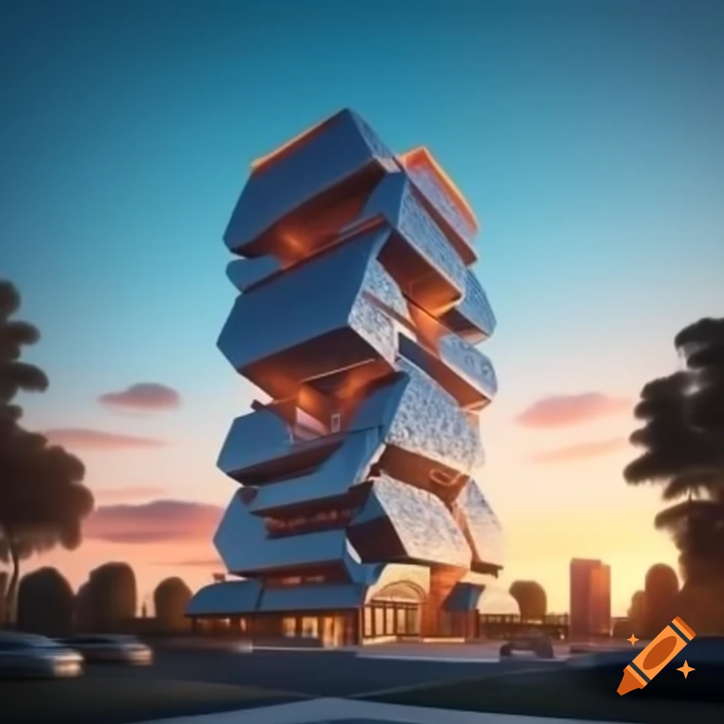 Futuristic building block with offices at sunset on Craiyon
