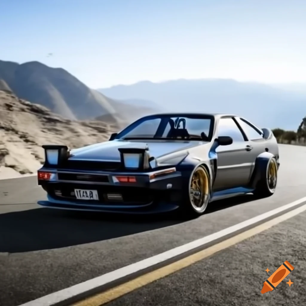 Toyota ae86 driving on mountain pass on Craiyon