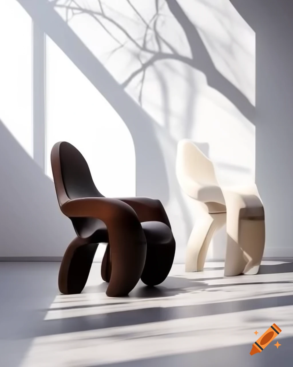 Whimsical dark wood chair illuminated in white room, surreal abstract ...