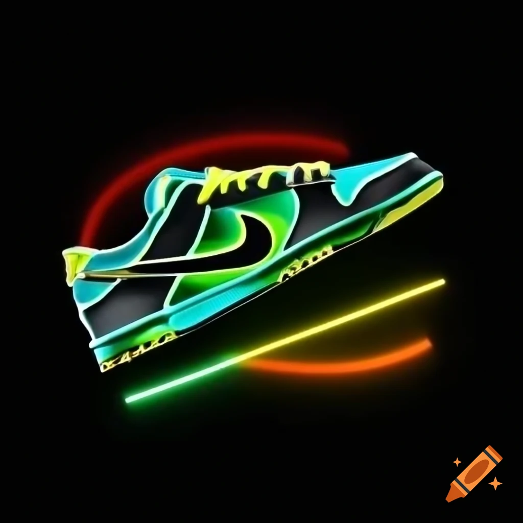 Nike Dunk Low shoe logo with neon effect on black background on Craiyon
