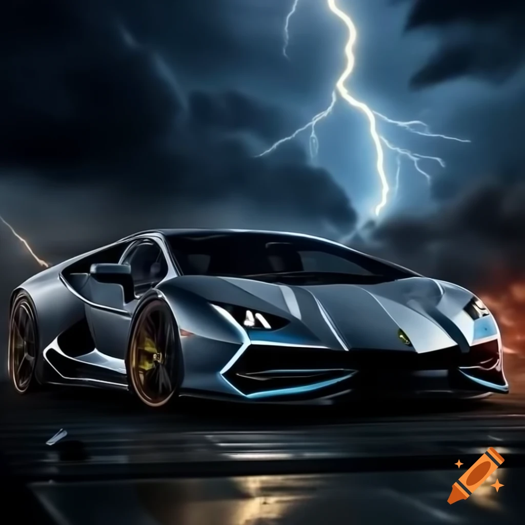 Lamborghini Aventador in dimly lit warehouse struck by lightning on Craiyon