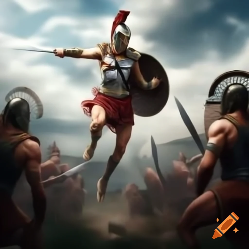 Greek soldier in mid-jump preparing to stab enemy with knife on Craiyon