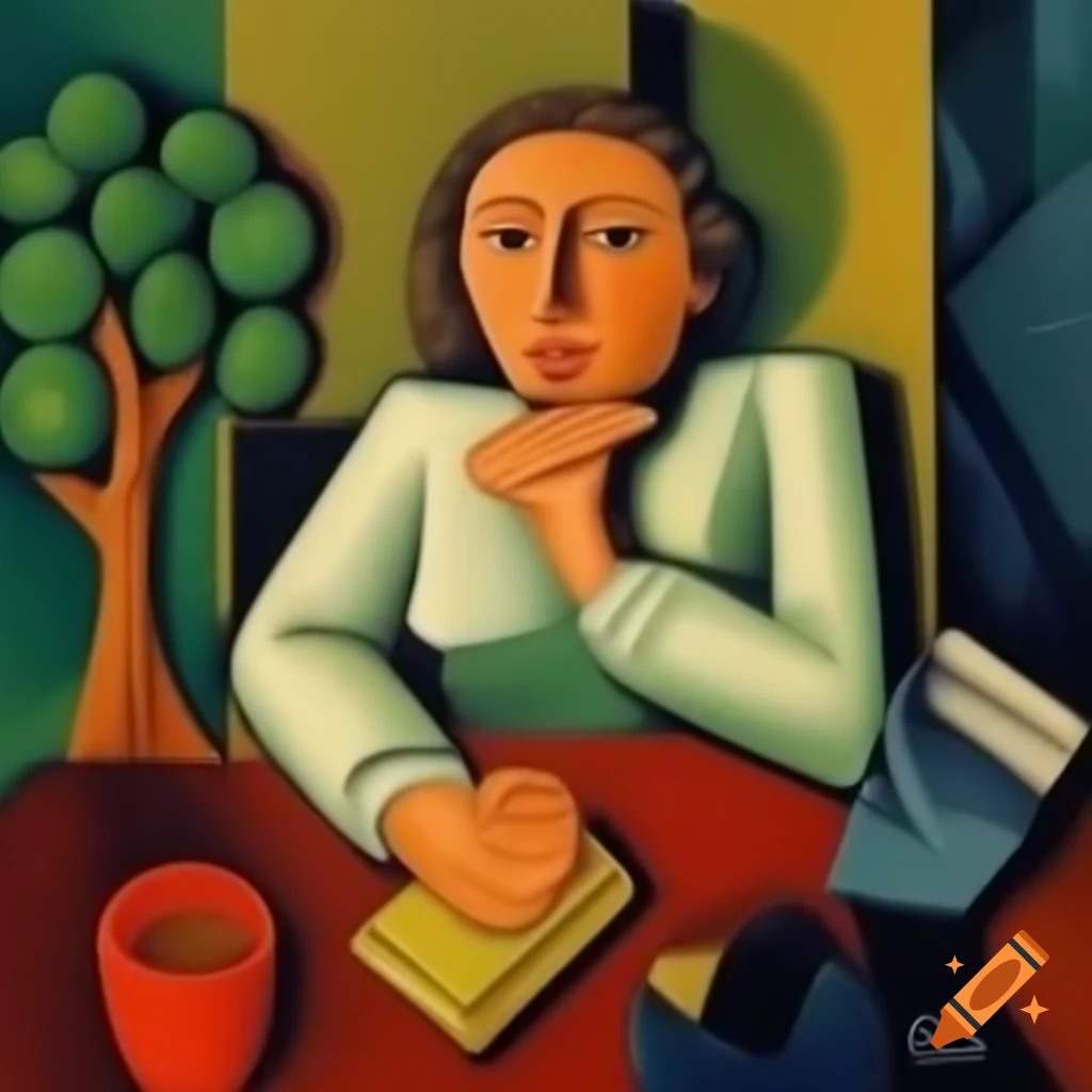 Cubist painting featuring table, tree, and book on Craiyon
