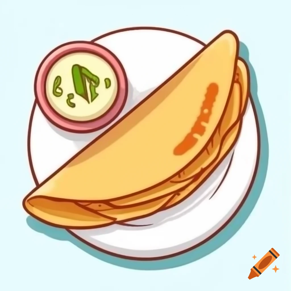 Cartoonish illustration of dosa served on a plate on Craiyon