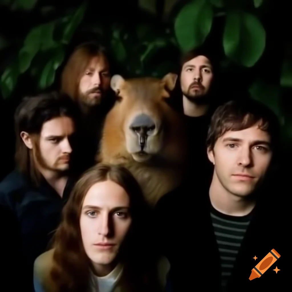 Capybara surrounded by indie-rock band members on Craiyon