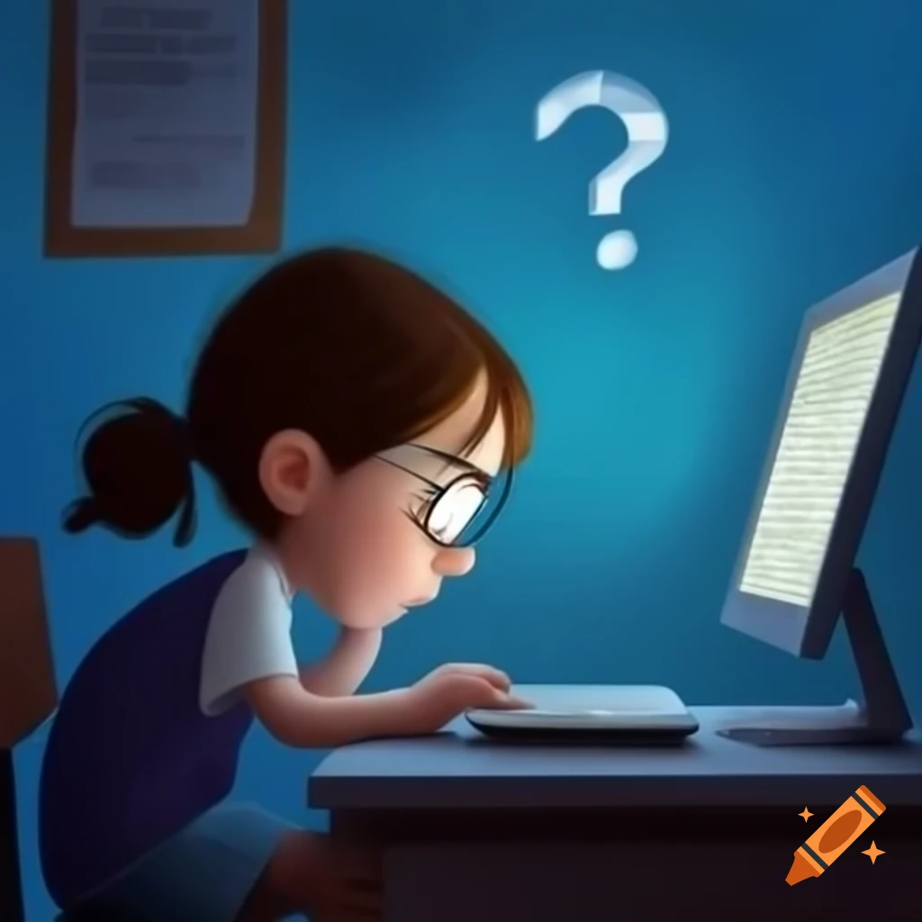 Girl looking confused while reading computer text on Craiyon