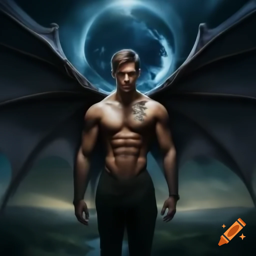 Ethereal male fairy with batlike wings against celestial backdrop on ...