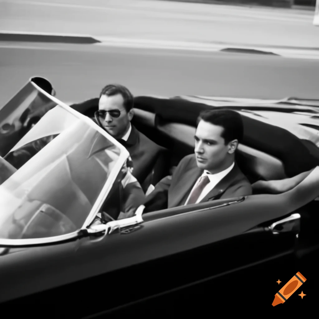 Two men driving an expensive convertible sports car on Craiyon