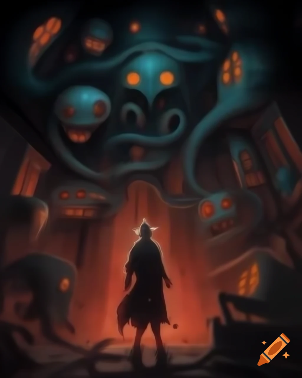 Surreal shadowy cityscape glowing with otherworldly light from ...