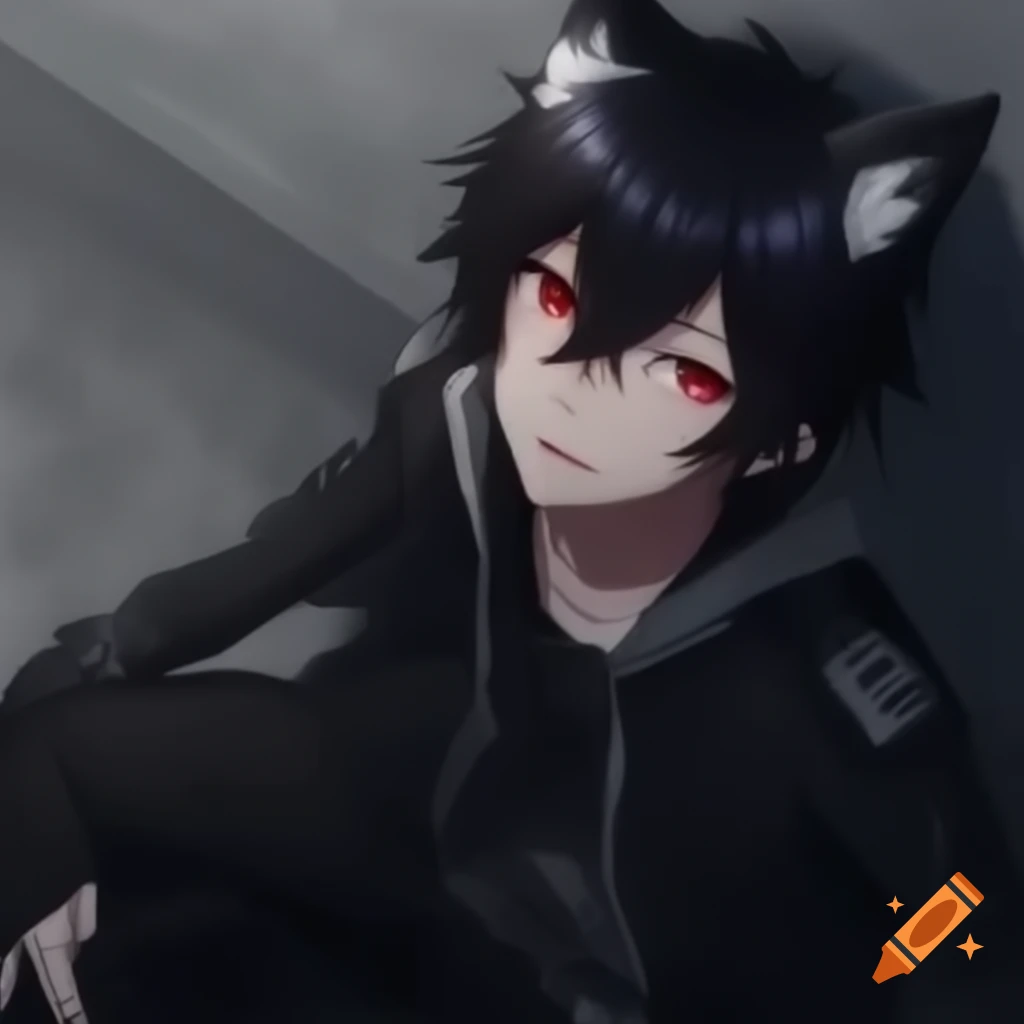 Anime boy with wolf ears and tail in black combat gear, smiling against ...