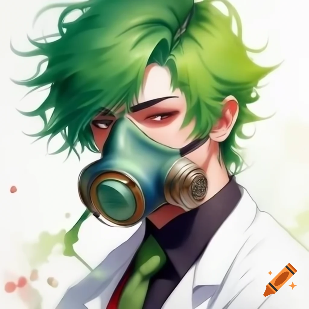 Anime scientist character with green hair and gas mask, wearing a lab ...