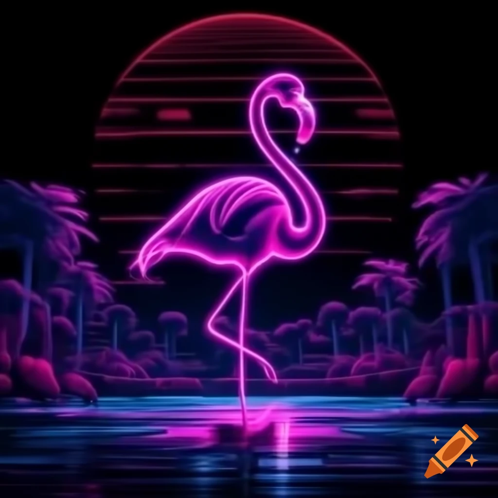 Neon flamingo synthwave album cover art on Craiyon
