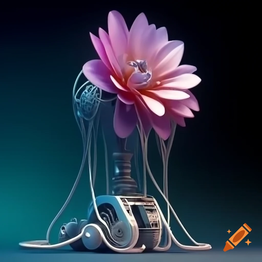 Futuristic robotic flower with cables in cold color palette on Craiyon