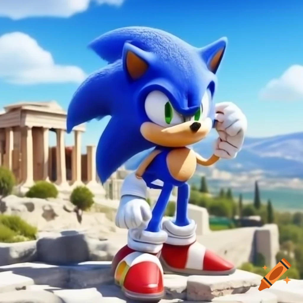 Sonic the hedgehog at the acropolis in greece on Craiyon
