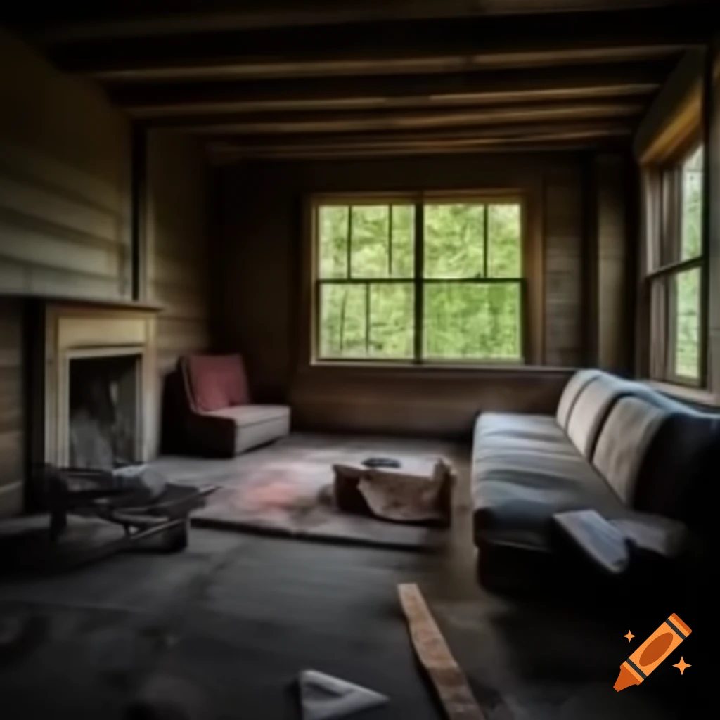 Photorealistic interior of abandoned cabin with couch, bed, and ...