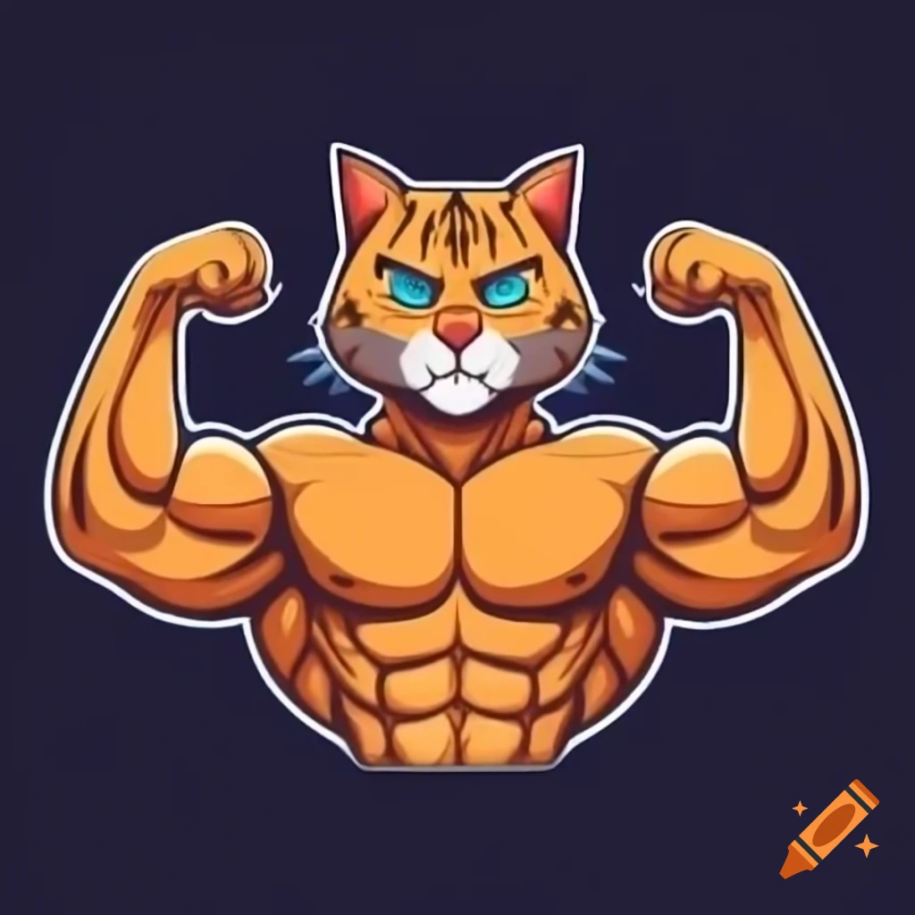 Fierce cat flexing muscles like a gym king on Craiyon