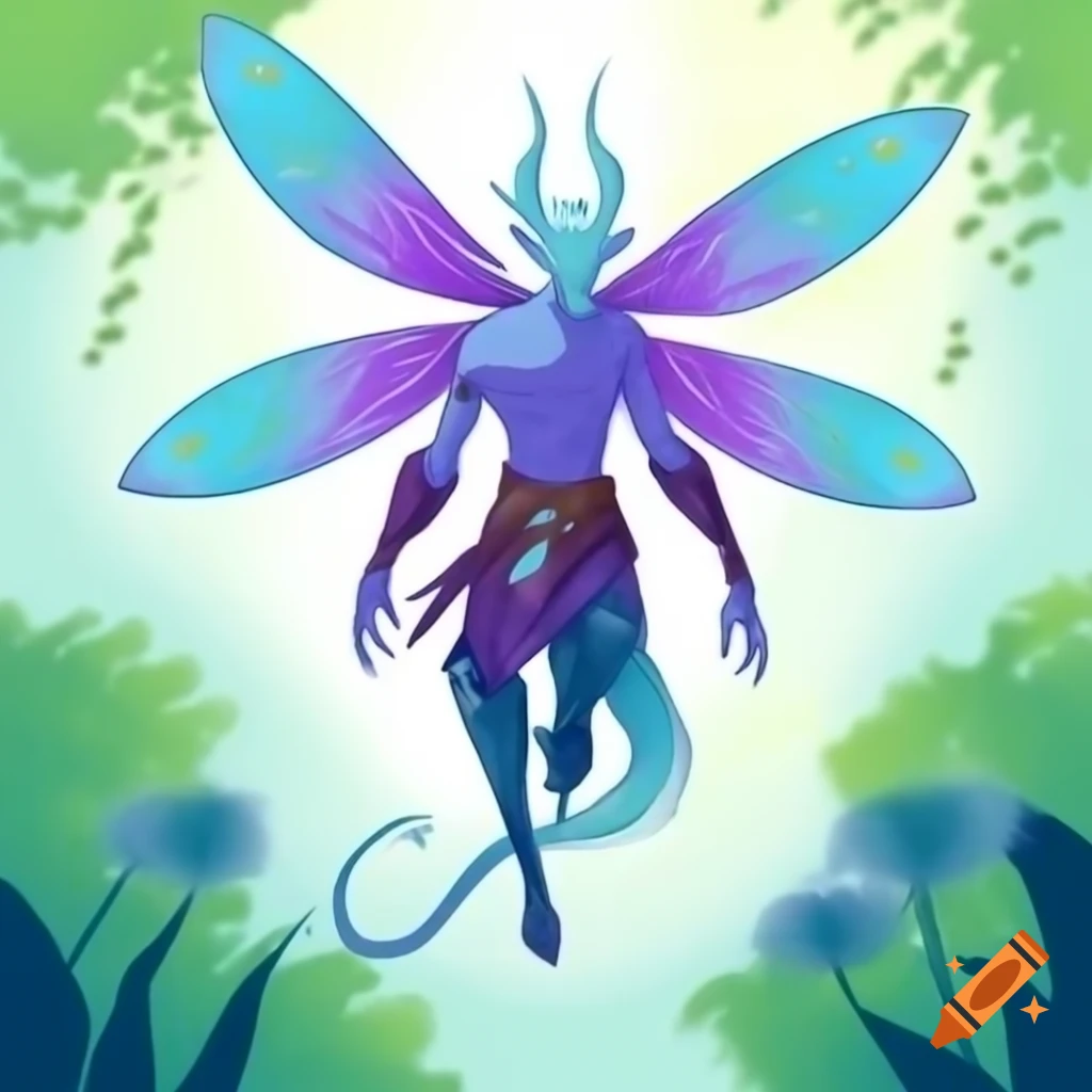 Sylph character with elven features, cerulean hair, and dragonfly wings on Craiyon